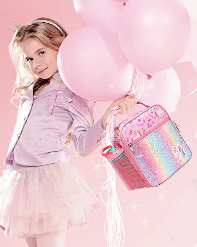 Bagseri Kids Lunch Box Girls - Insulated Kids Lunch Bag for Girls Portable Reusable Toddler Lunch Cooler Bag for School, Water-resistant Lining(Glitter Unicorn,Pink)