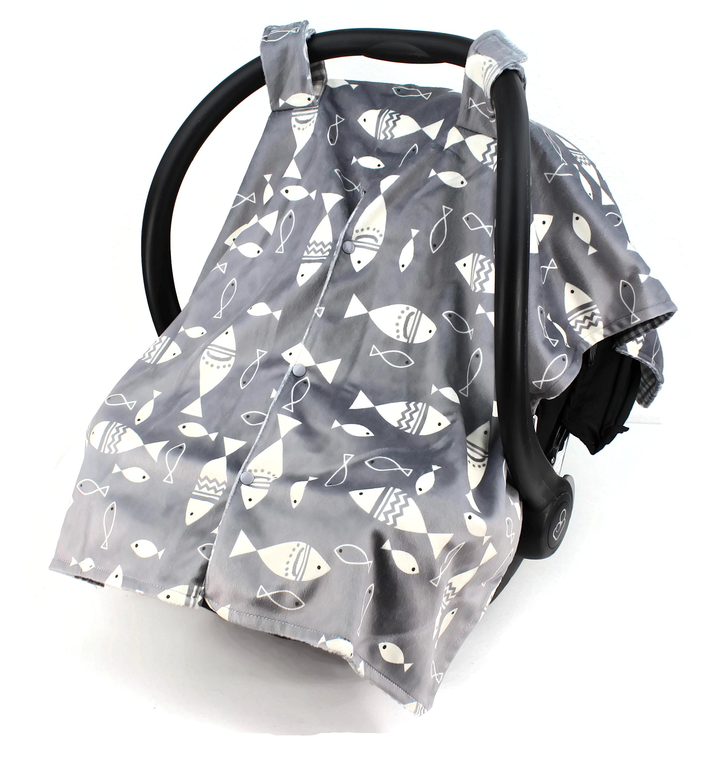 Dear Baby Gear Deluxe Reversible Car Seat Canopy, Custom Minky Print, Fish on Grey/Grey Tan Plaid