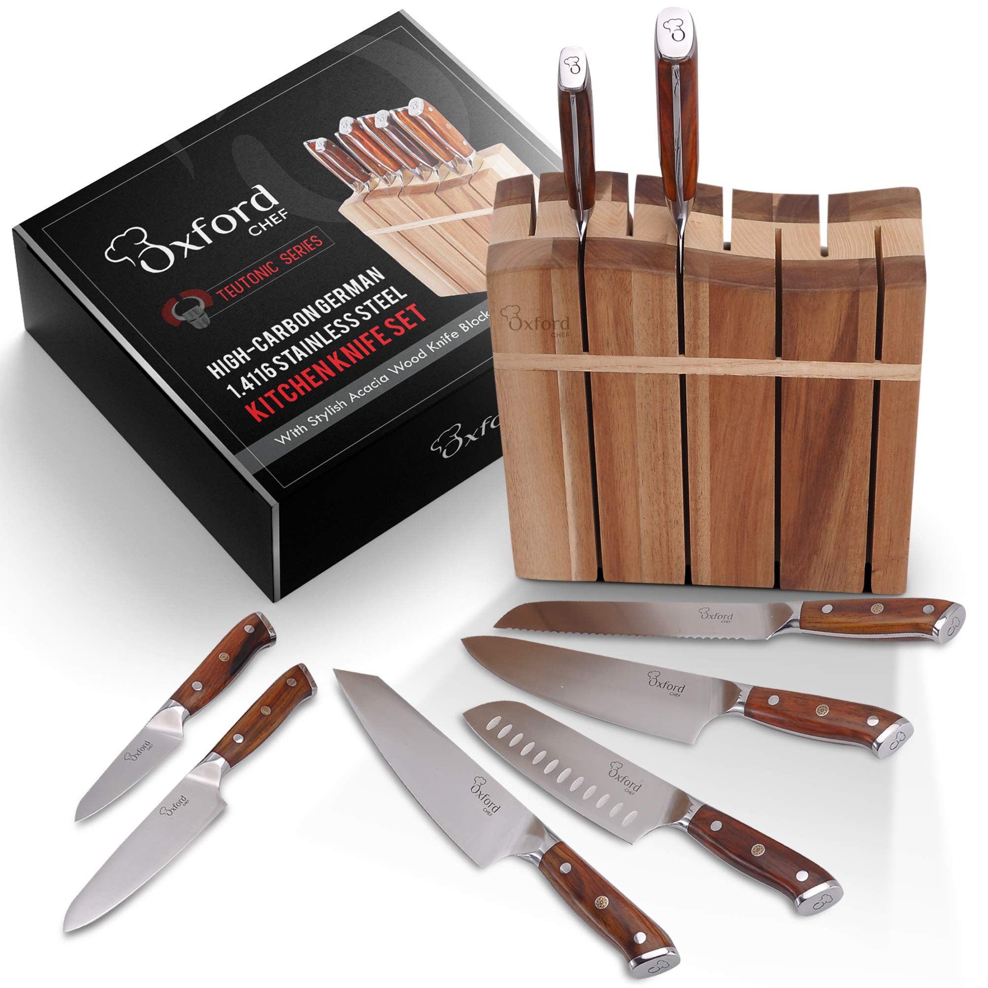 Kitchen Knife Set With Block: 8 Piece German 1.4116 High-Carbon Stainless Steel Knives - Full-Tang, Ergonomic Sandalwood Handles W/Stylishly Designed Acacia Wood Knife Block by Oxford Chef