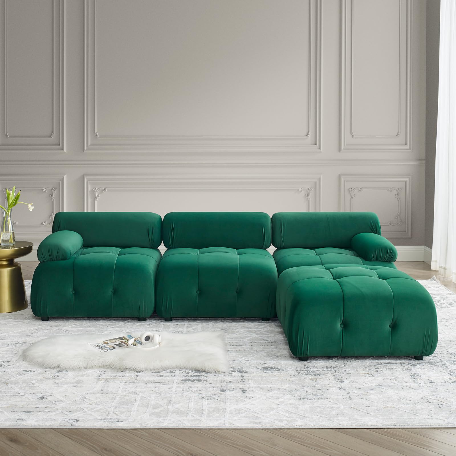 Modular Sectional Sofa, Living Room Couch Button Tufted Designed Cloud Sofa DIY Combination, L Shaped Couch with Reversible Ottoman, Beige Velvet