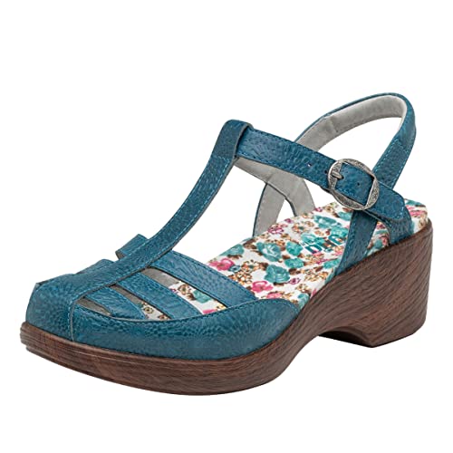 Alegria Women's Summer Roman Candle Teal Leather Wedge Sandal 9.5-10 M US
