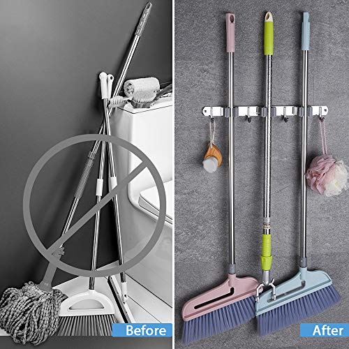 JEWJIO Broom Mop Holder Wall Mounted - Broom Storage Rack Utility Hanger 3 Racks 4 Hooks for Bathroom Home Kitchen Office Closet Garage Stainless Steel Heavy Tool Storage Rack (15 Inch)