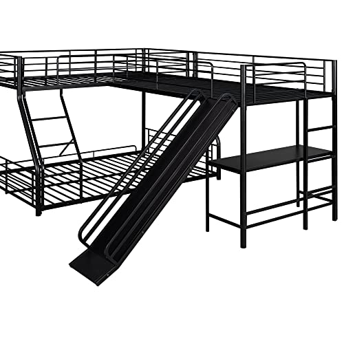 DEYOBED Twin Over Full L-Shape Bunk Bed with Slide and Built-in Desk, Metal Triple Bunk Bed for Kids Teens Boys Girls, No Box Spring Needed, Black