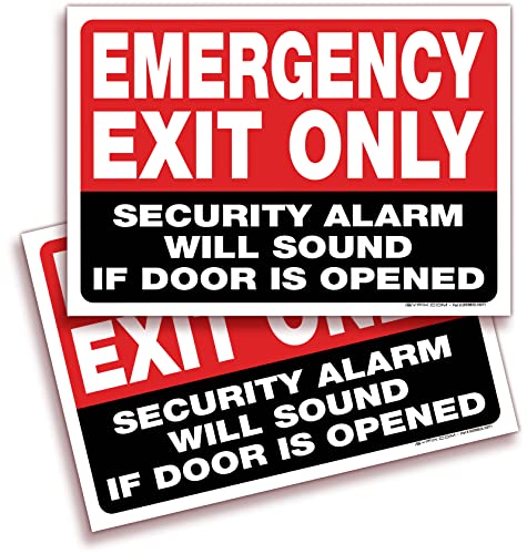 iSYFIX Emergency Exit Only Stickers – 2 Pack 10x7 Inch – Premium Self-Adhesive Vinyl, Laminated UV, Weather, Scratch, Water & Fade Resistance, Security Alarm Will Sound if Door is Opened Signs