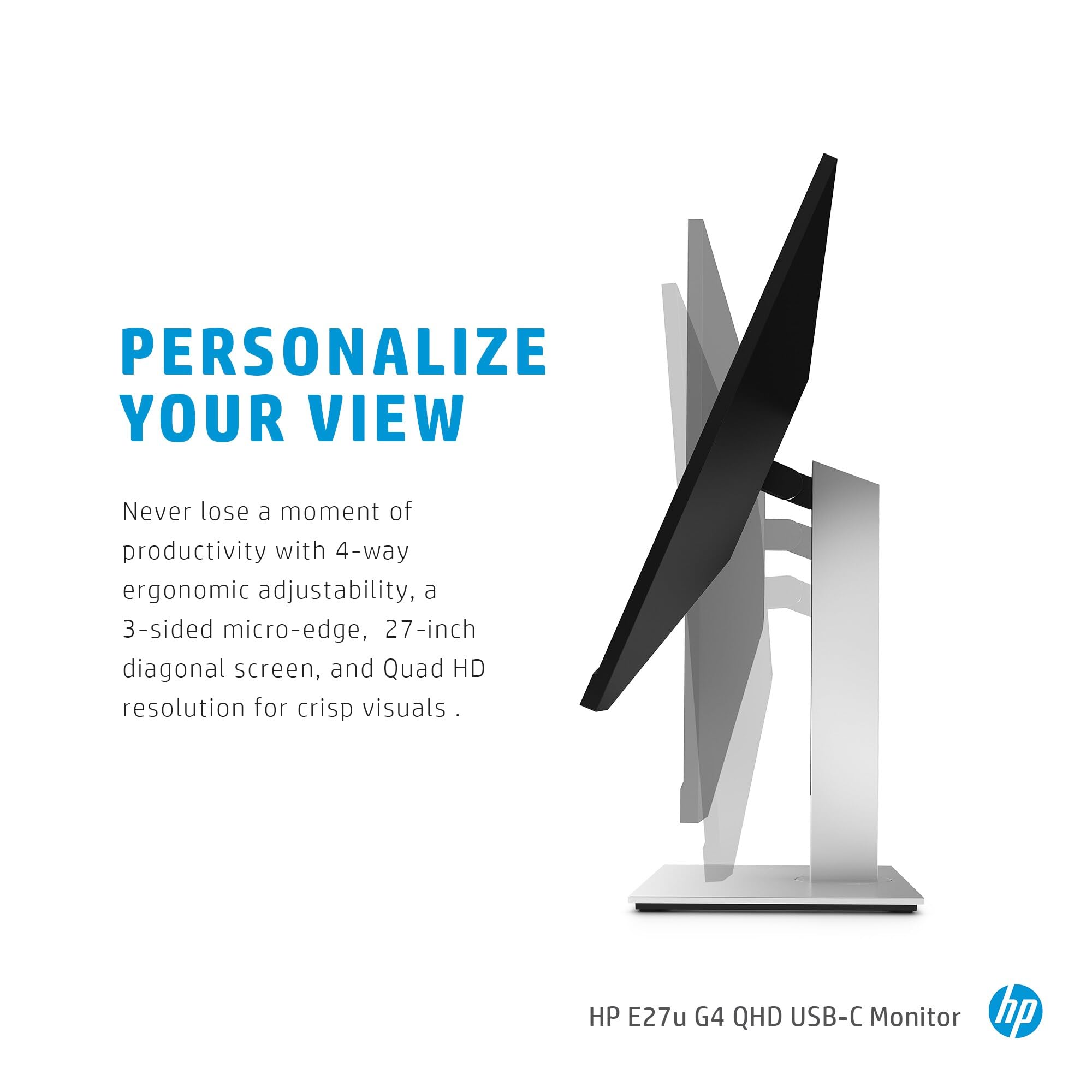 HP E27u G4 QHD USB-C 27 Inch Monitor Desktop PC IPS LCD 60Hz 5ms 16:9 Anti-glare Pivot Height Adjustable VESA Mountable DisplayPort HDMI Port USB Hub Computer Screen, Black/Silver (Renewed)