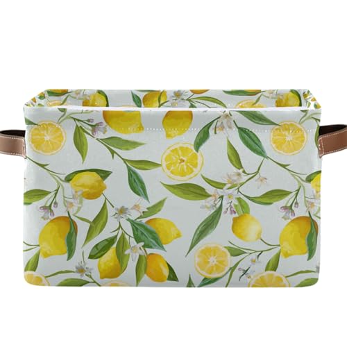 MNSRUU Storage Basket Lemon Floral Collapsible Organizer Basket with PU Handles, Waterproof Nursery Laundry Basket Kids' Toy Storage Basket,2 Pack