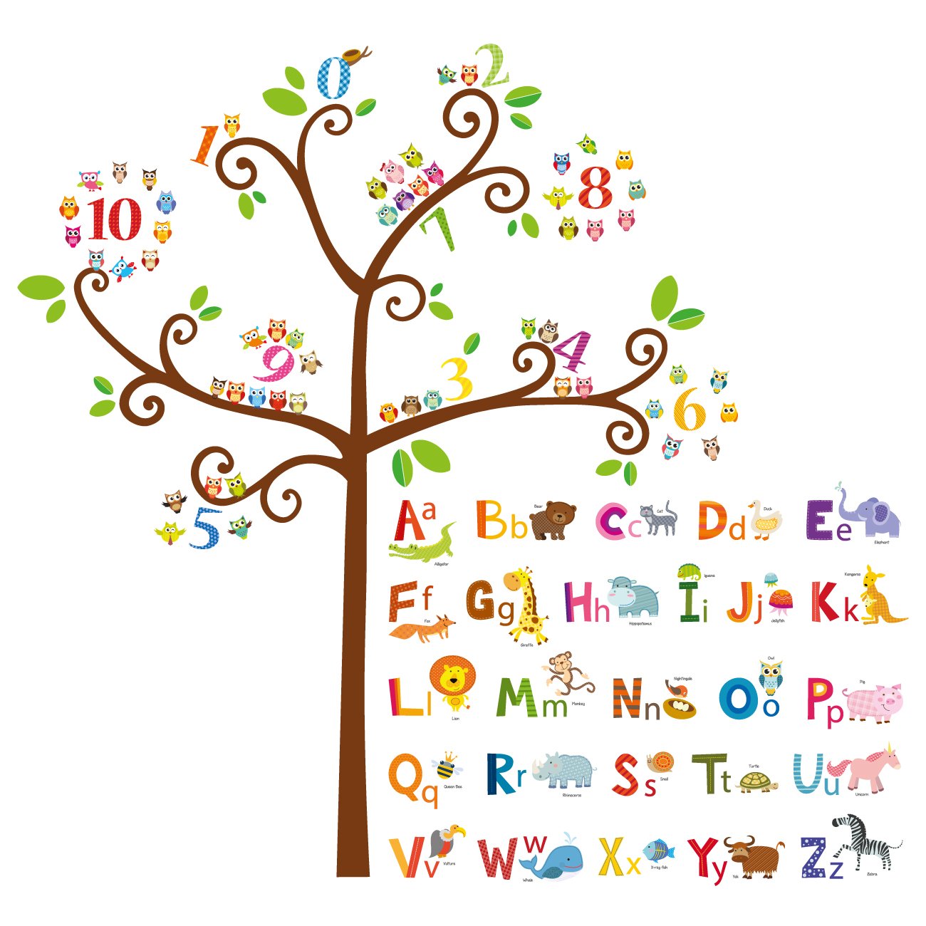 DECOWALL DA-1503 Animal Alphabet ABC and Owl Numbers Tree Kids Wall Stickers Wall Decals Peel and Stick Removable Wall Stickers for Kids Nursery Bedroom Living Room décor