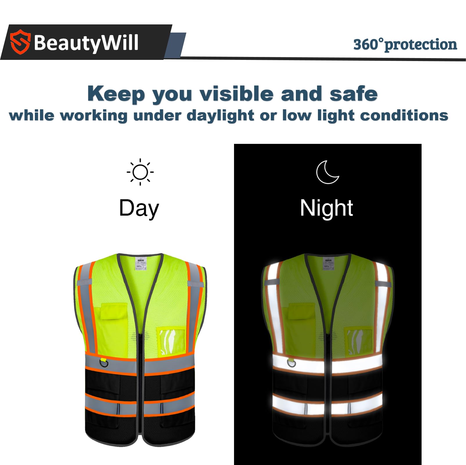 BeautyWill Custom Mesh Safety Vest Customized Logo Class2 High Visibility Reflective Vest with Pockets Construction workwear (Yellow Black,L )