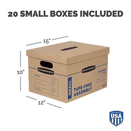 Bankers Box SmoothMove Classic Small Moving Boxes, 20 Pack, Tape-Free Assembly, Easy Carry Handles, 10" x 12" x 15"