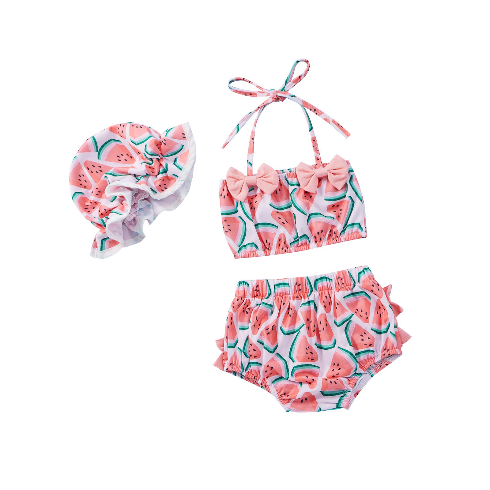 Toddler Girl Swimsuits Infant Baby Girl Bathing Suit Bikini Sets Swimwear 3 Piece Summer Beach Outfit Top Shorts Hat (Pink Watermelon, 0-6 Months)