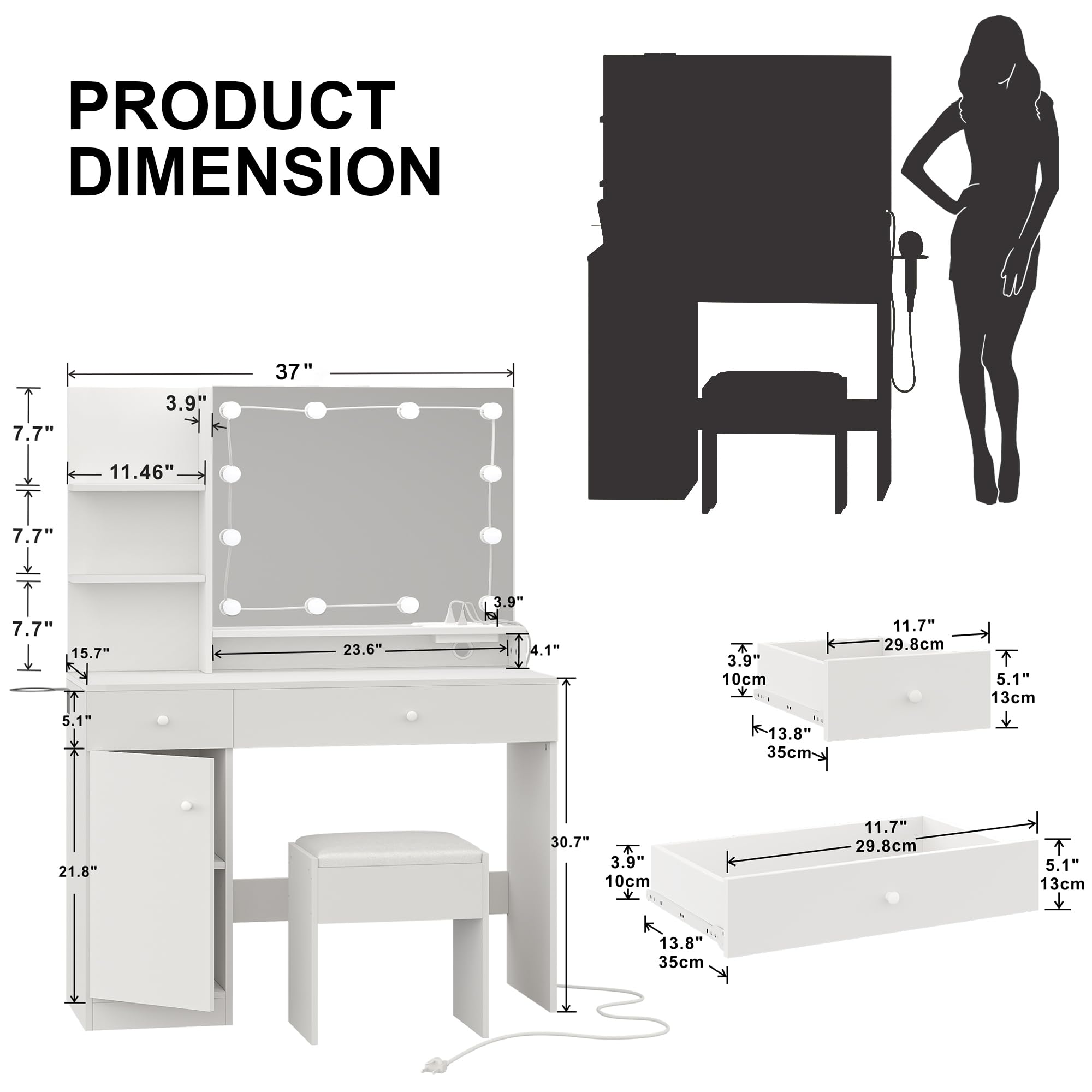 37" Vanity Desk with LED Lighted Mirror & Power Outlet, Makeup Vanity Set with large Drawers, Cabinet &Cushioned Stool, Makeup Desk 3 Color Lighting Modes Adjustable Brightness for Bedroom Studio