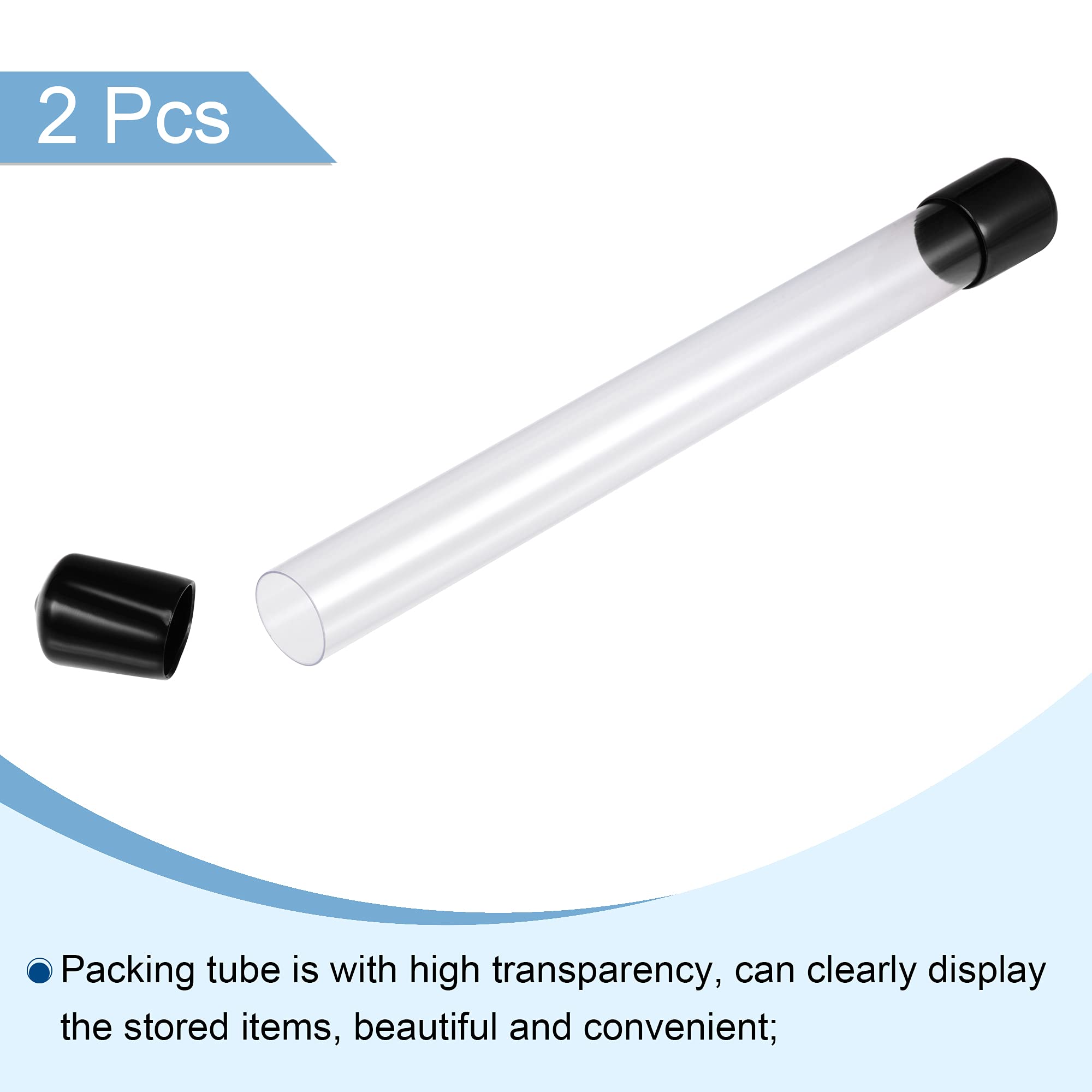 MECCANIXITY Clear Storage Tube 13/16" x 9"(20mm x 230mm) Lightweight for Bead Containers, Craft, DIY with Black Caps 2 Pack