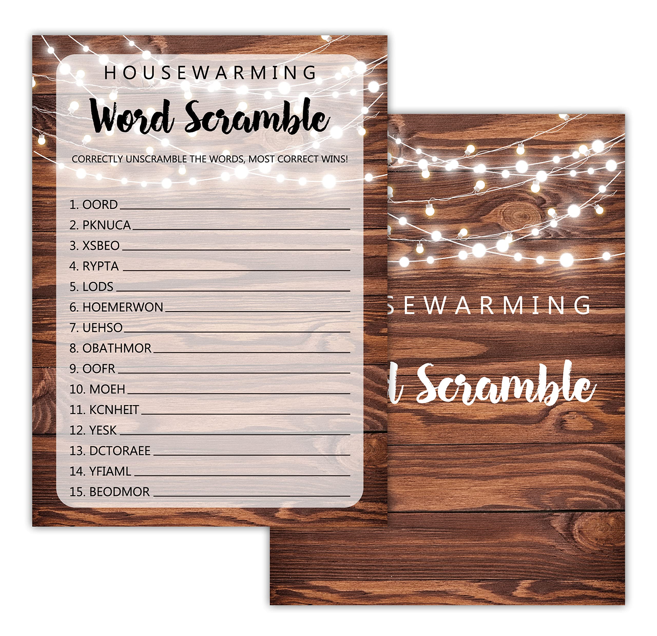 Housewarming Party Games, Word Scramble, Rustic New Home, New House, New Homeowner Party Games Cards, 30 Sheets Each Pack
