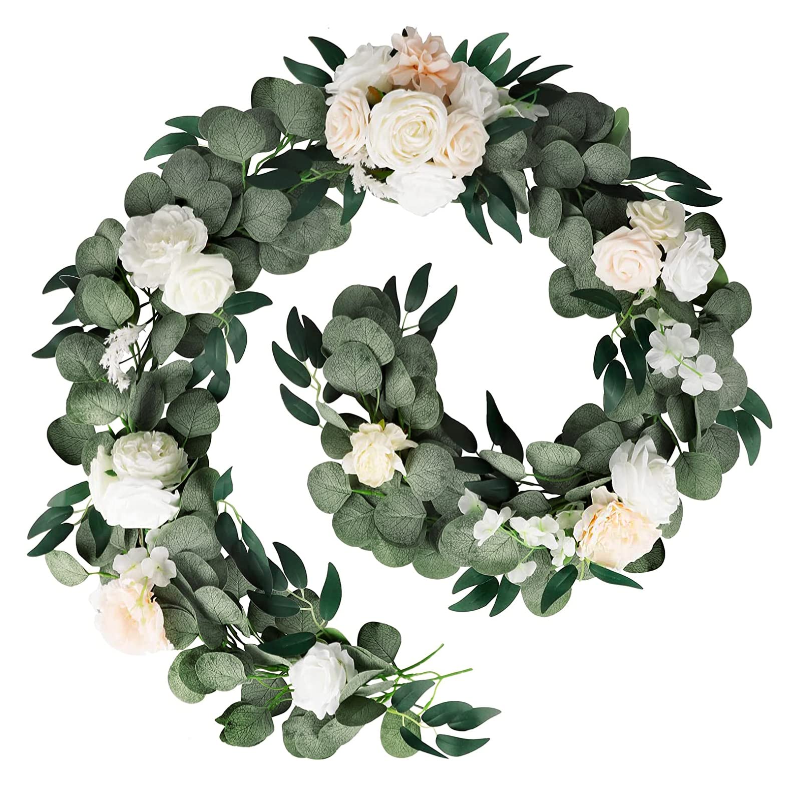 COCOBOO 5.9ft Eucalyptus Garland with Rose Flower Wedding Arch Flowers White Flower Garland for Wedding Arch Party Garden Decor (Champagne&White)