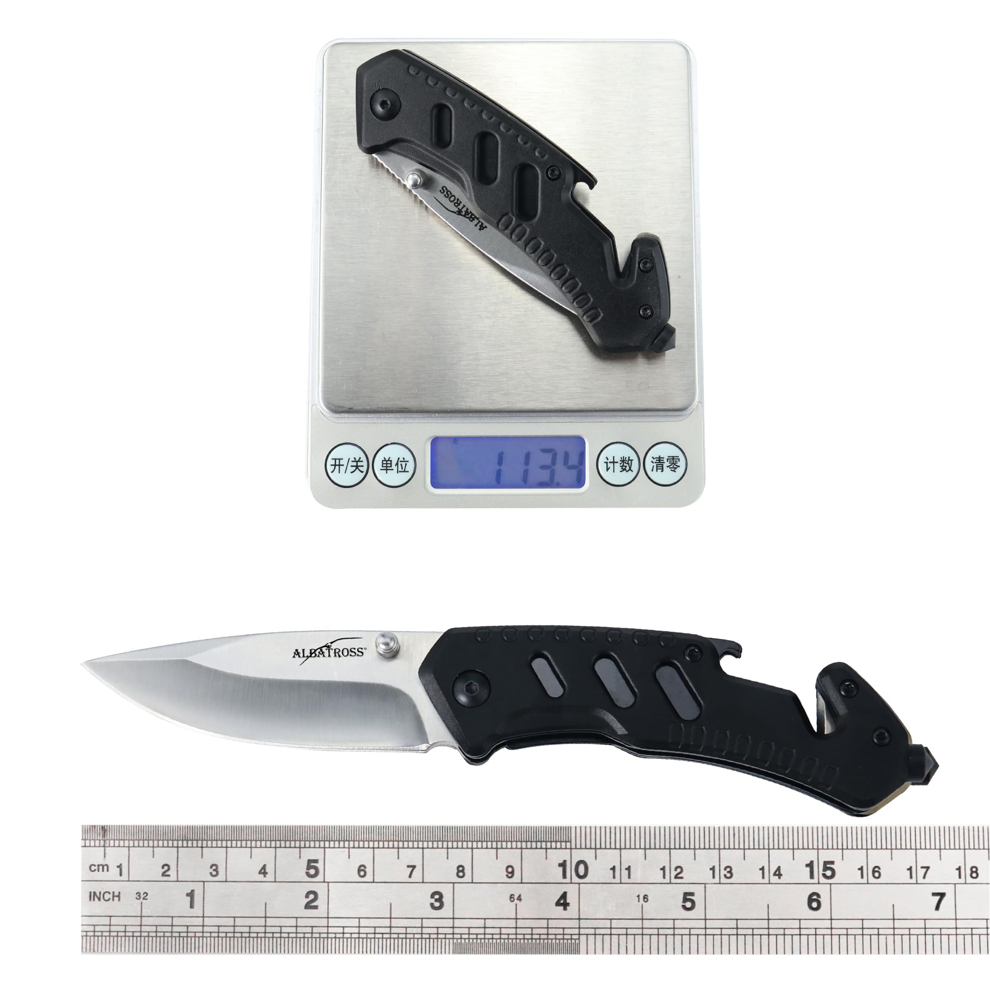 ALBATROSS Classic Multifunction Pocket Folding Knife with Bottle Opener、Glass Hammer and Rope Cutter, Satin Coated Blade and Aluminum Handle,AS-23265 (Black)