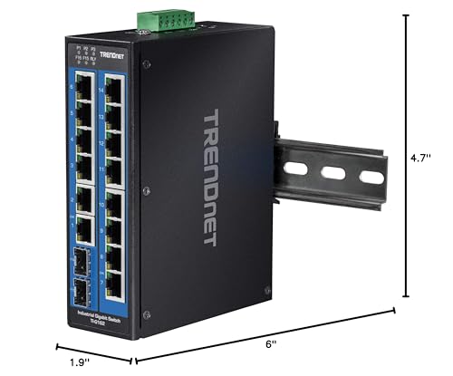 TRENDnet 16-Port Hardened Industrial Unmanaged Gigabit DIN-Rail Switch, TI-G162, 14 x Gigabit Ports, 2 x Gigabit SFP Slots,32Gbps Switching Capacity, IP30 Ethernet Network Switch, Lifetime Protection