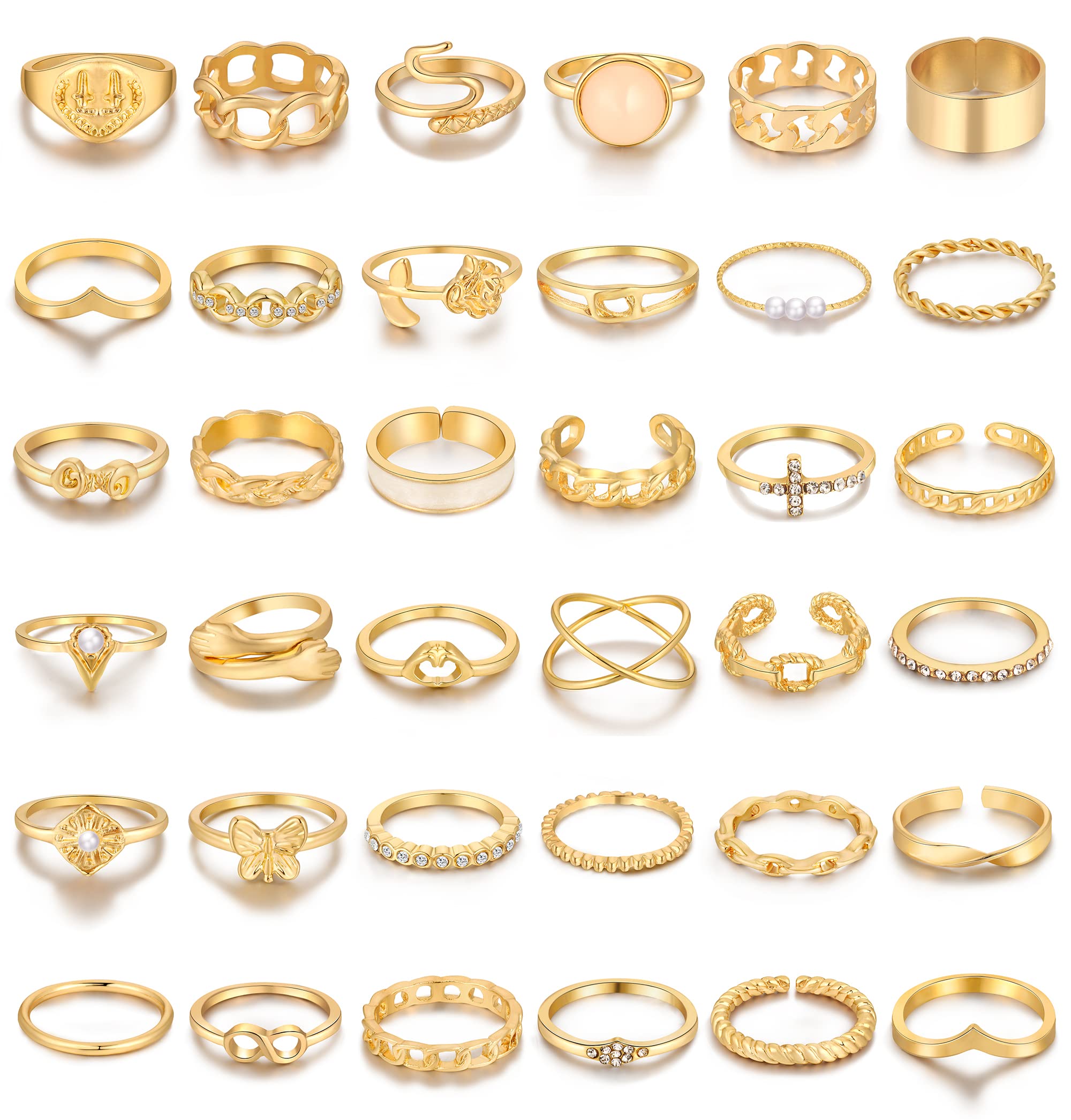 36PCS Vintage Knuckle Rings Set for Women Bohemian Gold Stackable Rings Midi Joint Finger Rings Butterfly Snake Crystal Chain Rings Jewelry