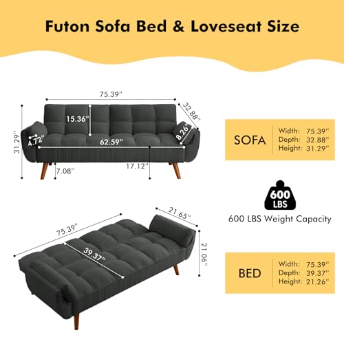 Wonder Comfort Linen Futon Sofa Bed Loveseat, Adjustable Backrest Convertible Sleeper Reclining Couch with Tapered Wood Legs, Dark Gray