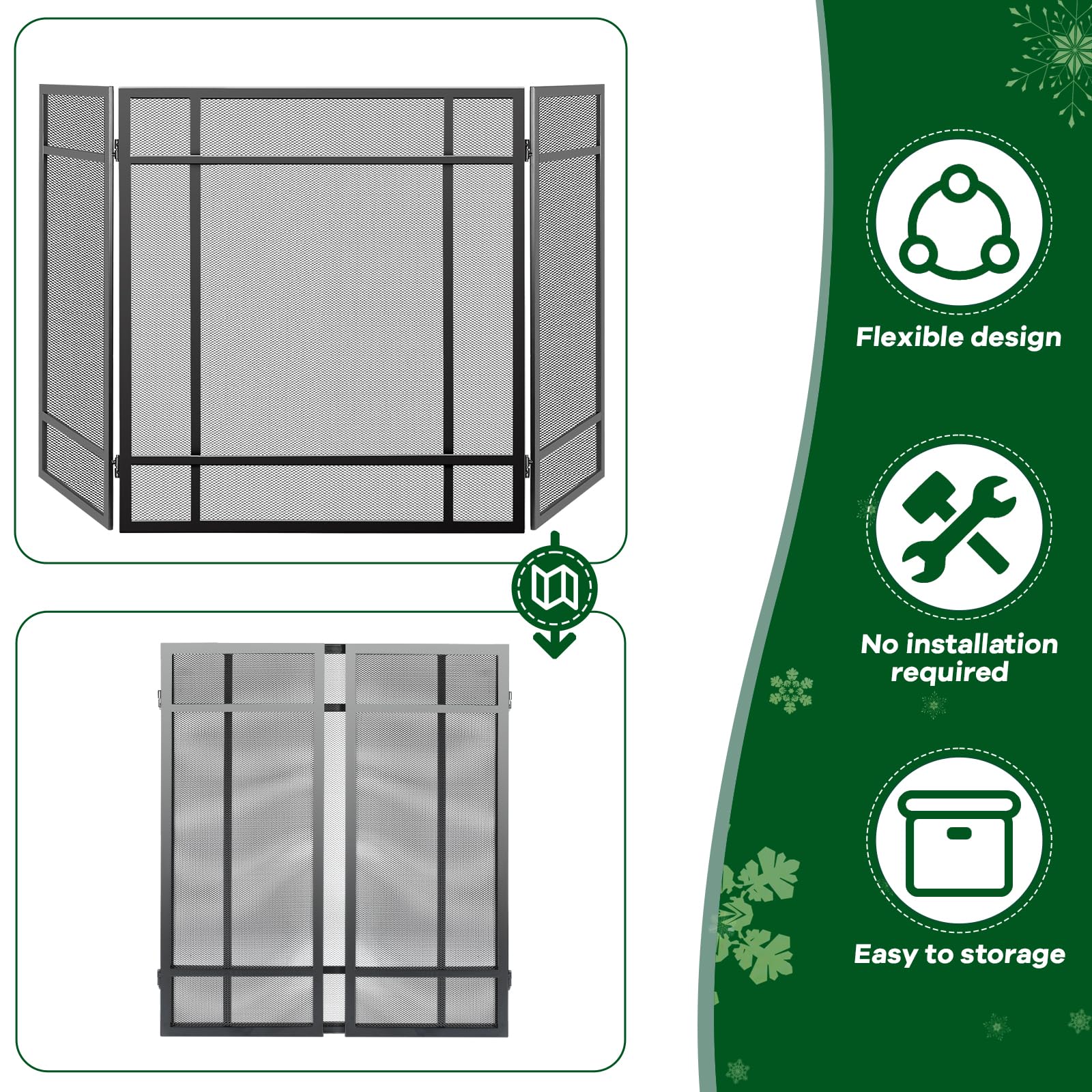 ATiyyo Fireplace Screen with Metal Mesh Foldable 3 Panel Fireplace Cover for Wood Burning Fireplace Wrought Iron Fire Spark Guard Indoor Outdoor (Black)