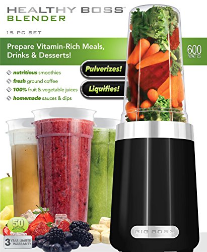 Big Boss powerful and Professional 15 Piece high speed 600 Watt personal countertop blender/Mixer - Recipe book included- Pulverizes and Liquefies fruits and vegetable – Simple and easy to use- Black