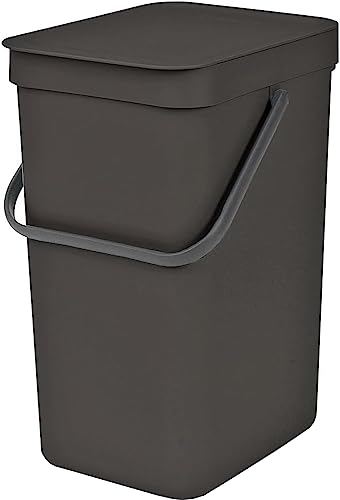 Brabantia Sort & Go Kitchen Recycling Can (3.2 Gal / Gray) Stackable Waste Organiser with Handle & Removable Lid, Wall/Cupboard Mounting