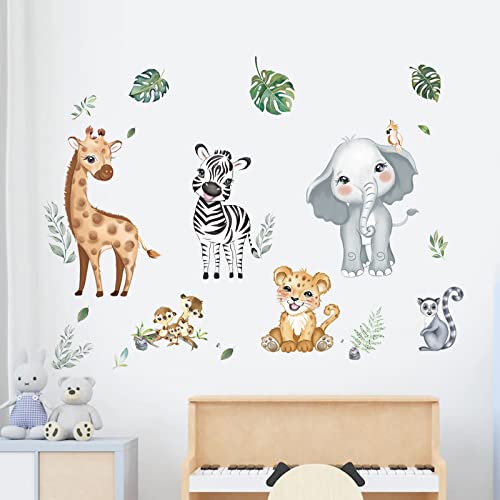 decalmile Jungle Animals Wall Decals Elephant Giraffe Safari Wall Stickers Baby Nursery Kids Room Living Room Wall Decor