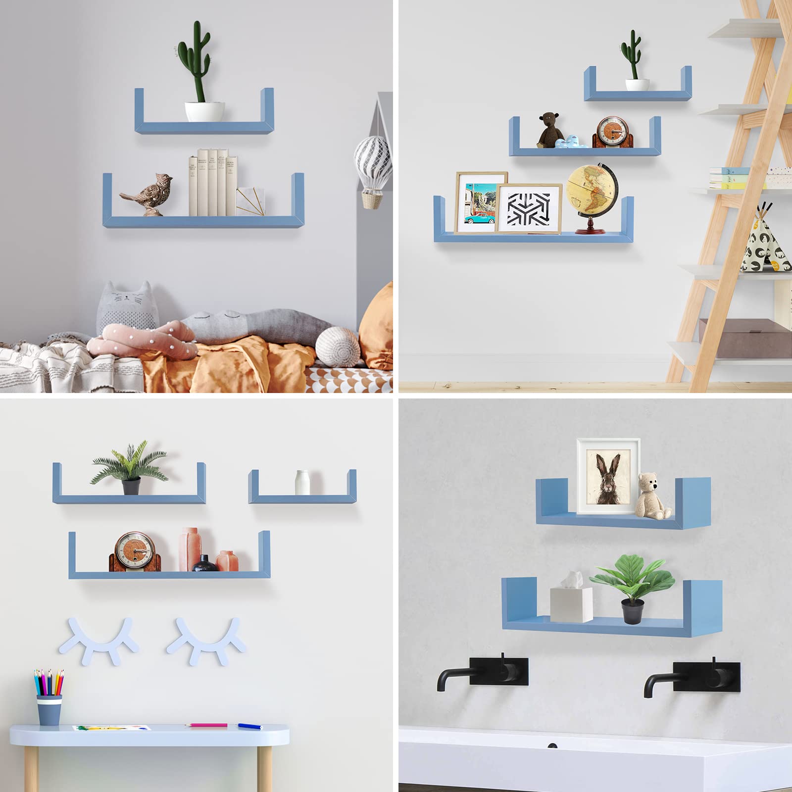 AJP Distributors Blue Wall Mounted Shelf U-Shaped Floating Shelves Home Decoration Book DVD Storage Display Unit MDF Laminate Solid Wood Set of 3 Sizes For Bathroom Bedroom Living Room Kitchen Office