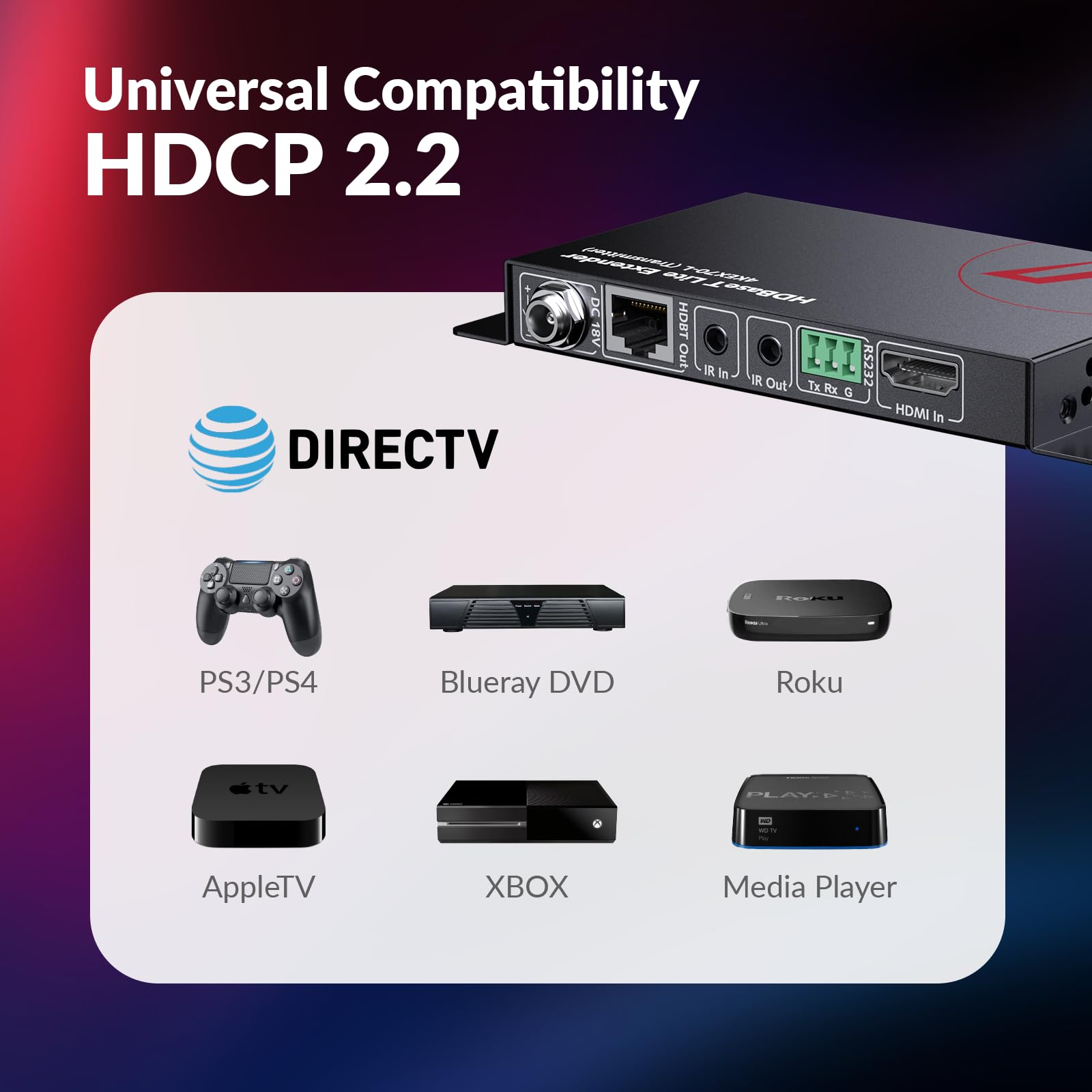 AV Access HDBaseT HDMI Extender Over Single Cat5e/6/6a/7 Ethernet Cable 4K@60Hz 130ft, 1080P@60Hz 230ft, Supports CEC, Bi-Directional PoE, IR and RS232 Pass Through, EDID, HDCP 2.2 (4KEX70-L)