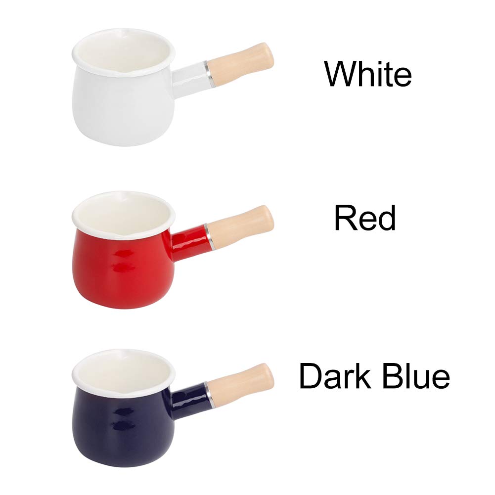 Enamel Milk Pan, Mini Butter Warmer with Pour Spout, 550ml Enamelware Saucepan Milk Warmer with Wooden Handle Small Cookware for Heating Milk, Melting Butter, Boiling Water(White)