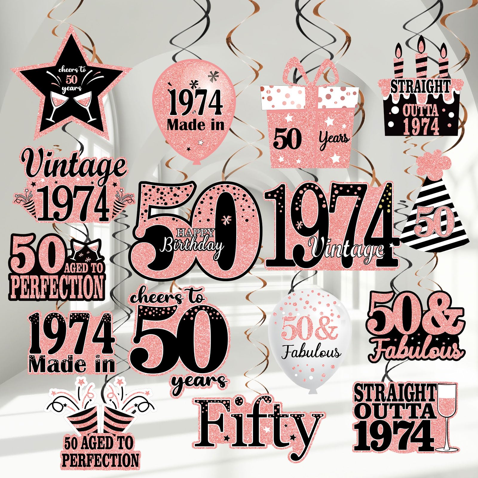36PCS Rose Gold 50th Birthday for Women Party Decorations Vintage 1974 Hanging Swirls Fifty Years Old Party Supplies Ceiling Hanging Decor for Birthday Anniversary Vintage 1974 Party Favors