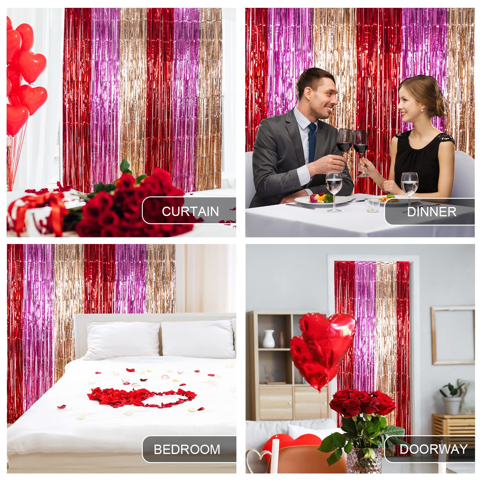 LOLStar 3 Pack Valentine's Day Photo Booth Props Valentines Day Party Decorations 3.3X6.6 ft Red Pink and Champagne Gold Foil Fringe Curtains Backdrop Streamers for Valentine's Day Decor