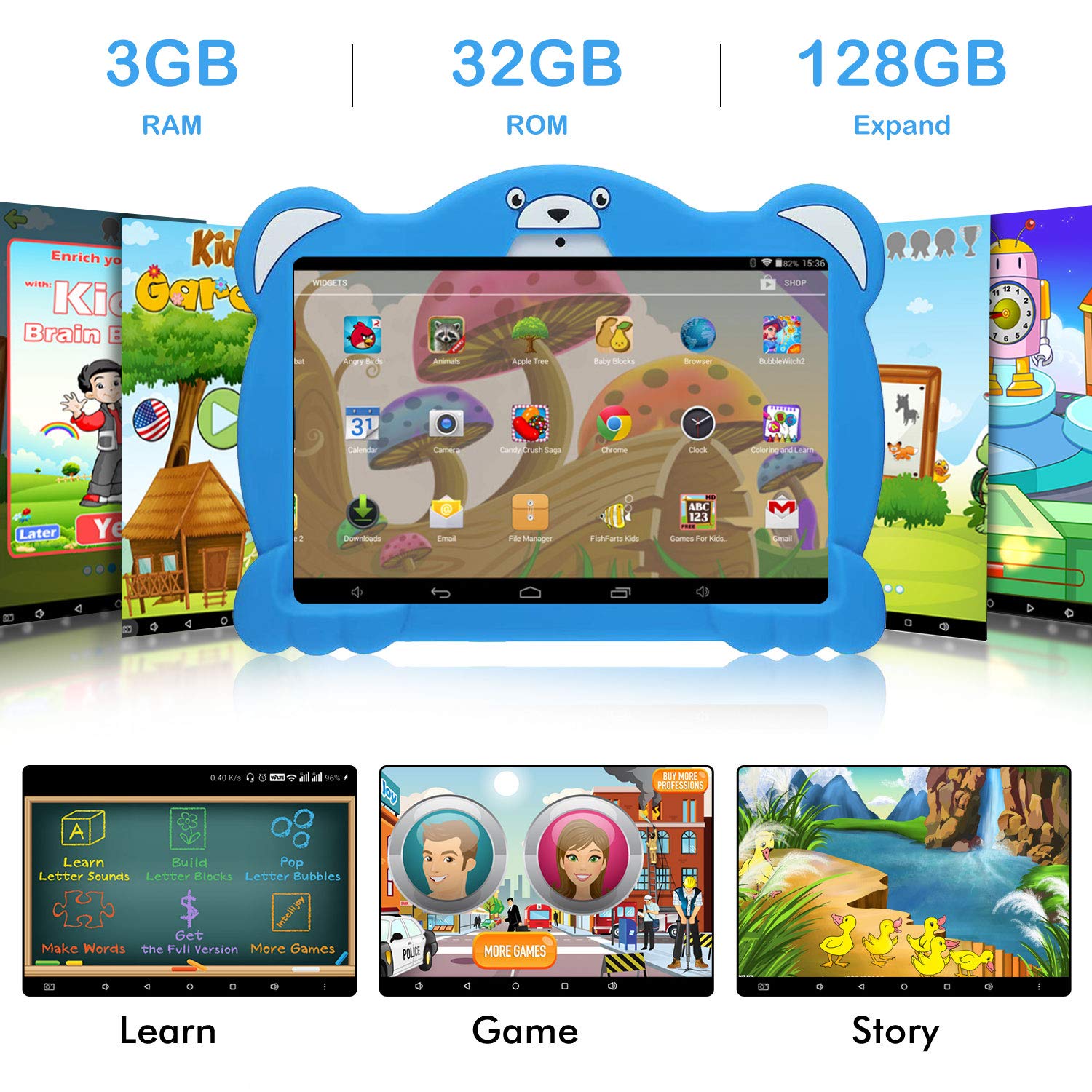 Tablets 10 Inch Android 9.0 Pie Tablet 3GB RAM+32GB ROM/128GB Dual SIM Dual 8MP Camera 8500mAh, 4G/ WiFi, Bluetooth, GPS Unlocked Tablet, IWaWa APP for Kids (Blue)