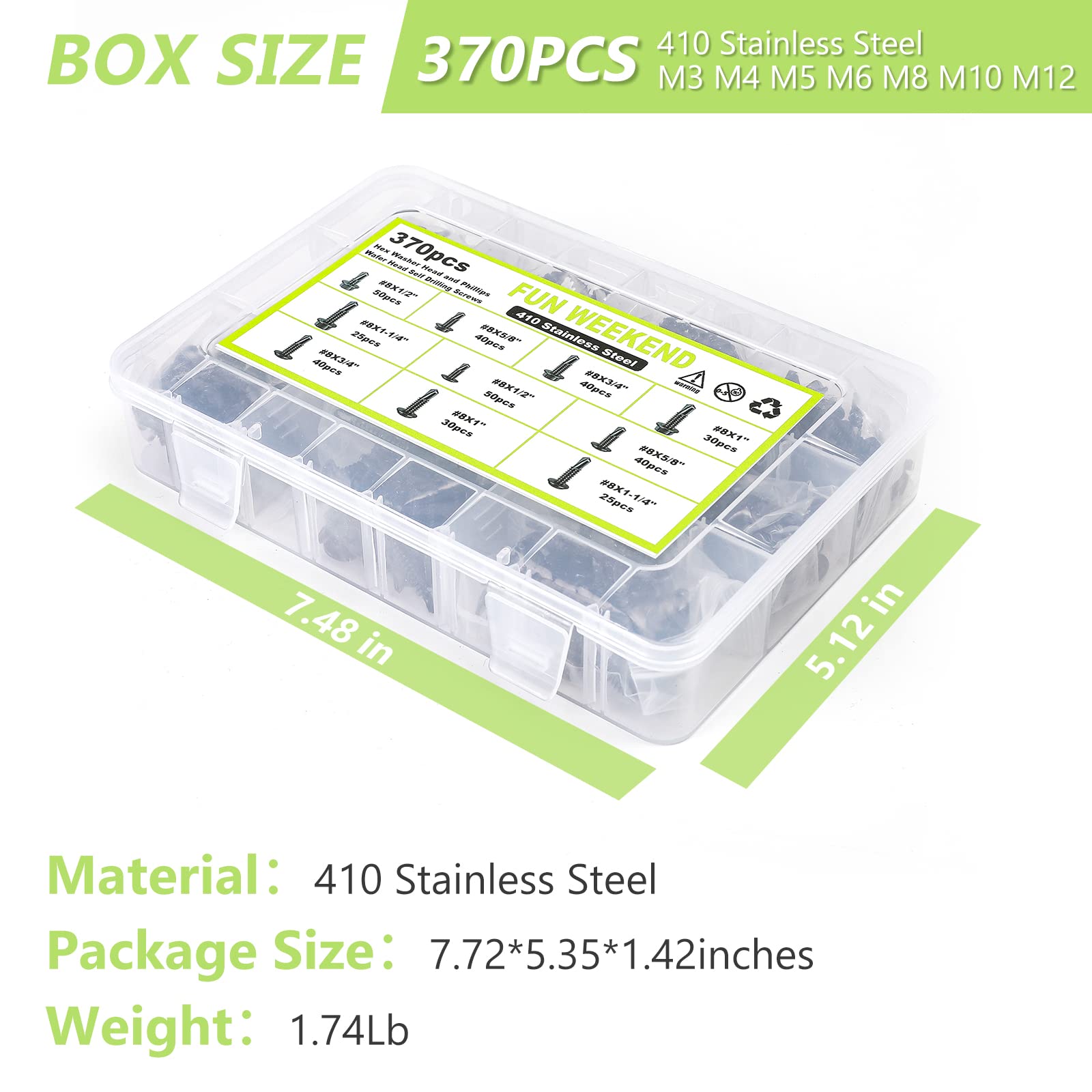 370pcs Self Tapping Screws, 8# Self Drilling Screw, Hex Washer & Modified Truss Head Self Tapper, 410 Stainless Steel Self Screws for Sheet Metal & Building Material, 1/2'' to 1-1/4'', Black Oxide