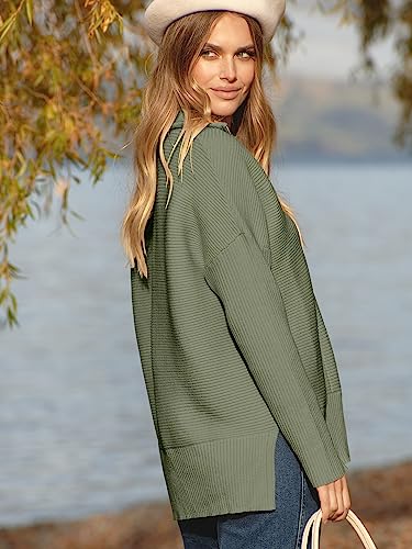 ANRABESS Womens 2023 Fall Oversized Zip Sweaters Long Sleeve V Neck Collar Casual Loose Baggy Ribbed Knit Pullover Quarter Zip Tunic Sweater with Slit B770kaqilv-L Dark Green