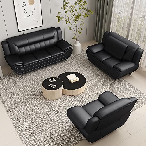 Container Furniture Direct Michael Modern Faux Leather Upholstered Stainless Steel Legs Living Room Loveseat, Black