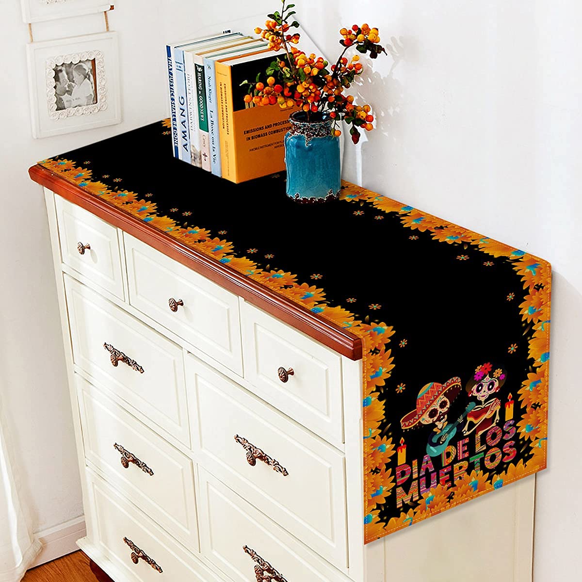 Mexican Day of The Dead Table Runner Mexico Dia De Los Muertos Sugar Skull Table Cover Dining Room Kitchen Home Indoor Outdoor Holiday Party Table Decoration (13" x 72")