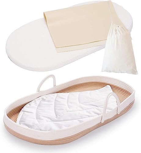 Baby Changing Basket, Portable Cotton Moses Basket for Babies, Nursery Set with Waterproof Leather Pad,Thick Diaper Changing Pad, Leaf Shape Cushion,Storage Bag, Cotton Rope, Changing Table Topper