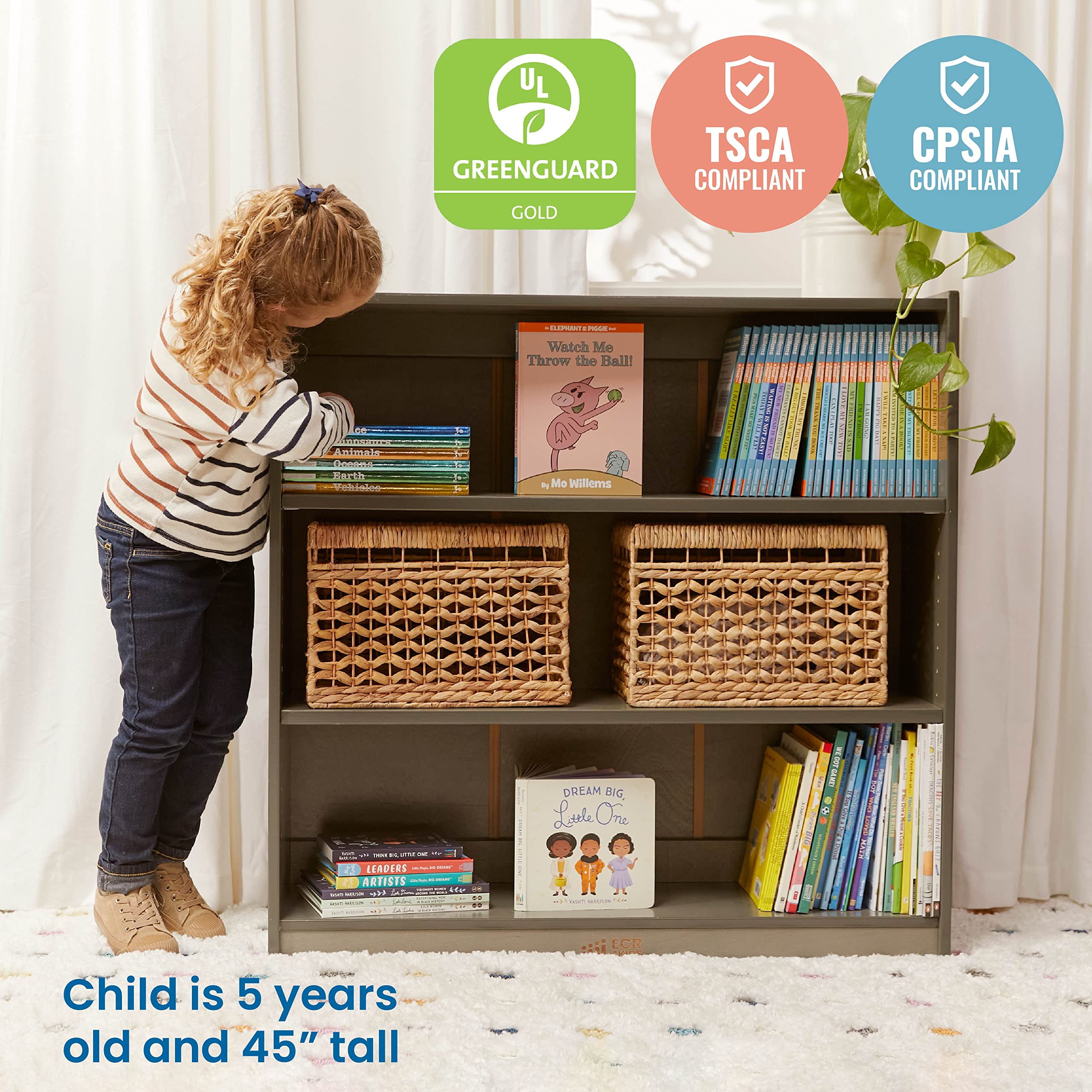 ECR4Kids Classic Bookcase, 36in, Adjustable Shelves, Grey Wash