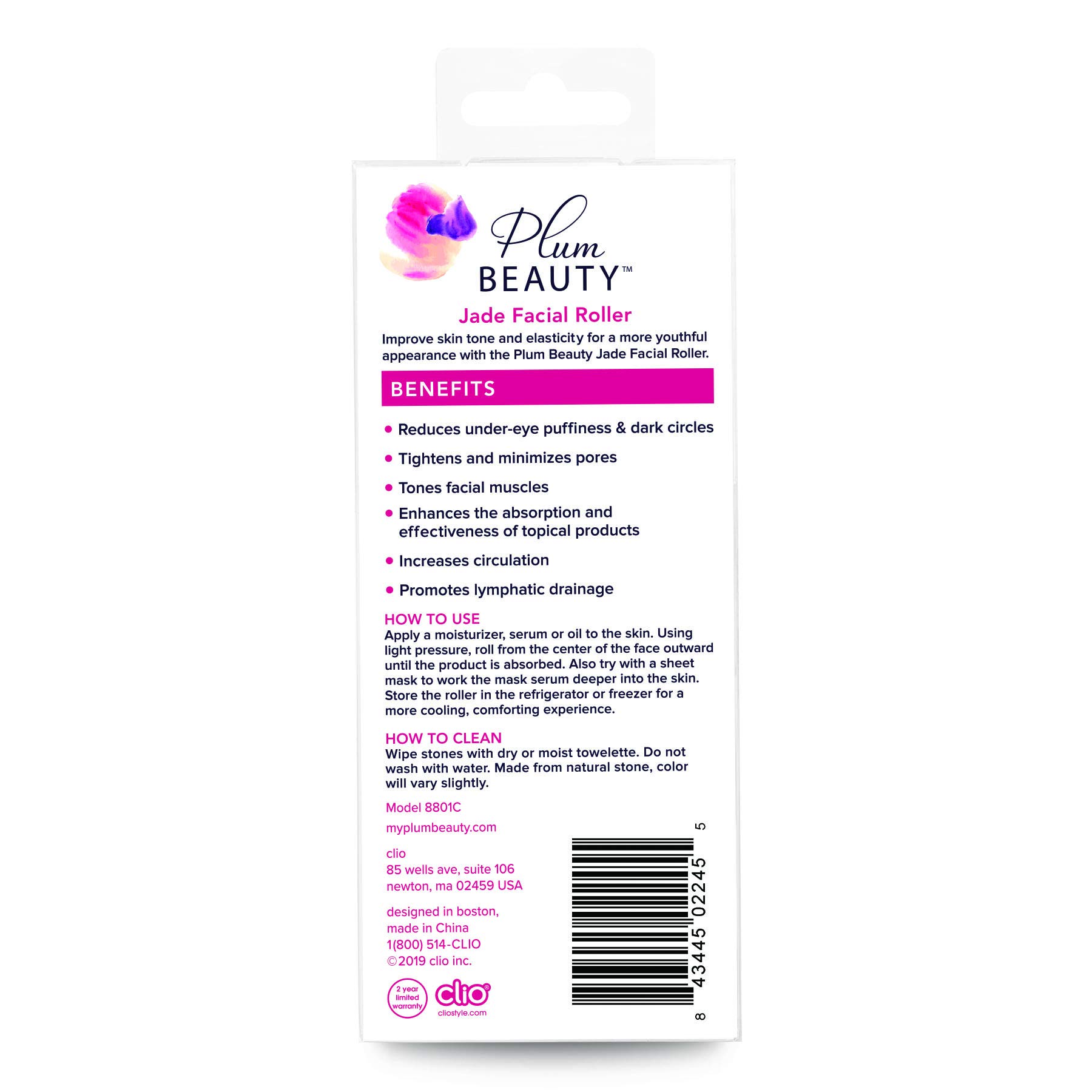 Plum Beauty Jade Roller for Face - Improves Skin Tone and Blood Circulation - Skin Care Face Roller Reduces Under-Eye Puffiness and Dark Circles