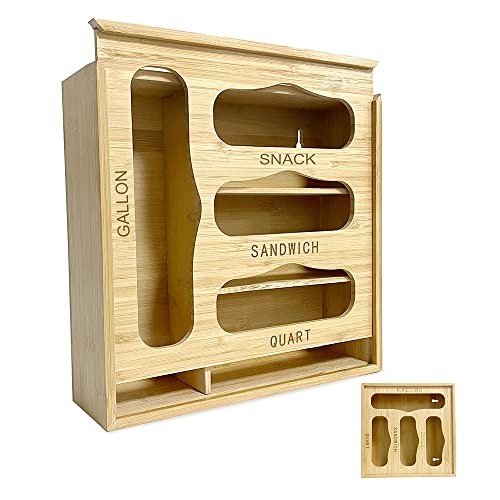 Bamboo Ziplock Bag Storage Organizer for Kitchen Drawer, Wooden Food Storage Bag Holders, Ziploc Baggie Organizer Dispenser, Compatible with Gallon, Quart, Sandwich & Snack Bags Variety Size Bag