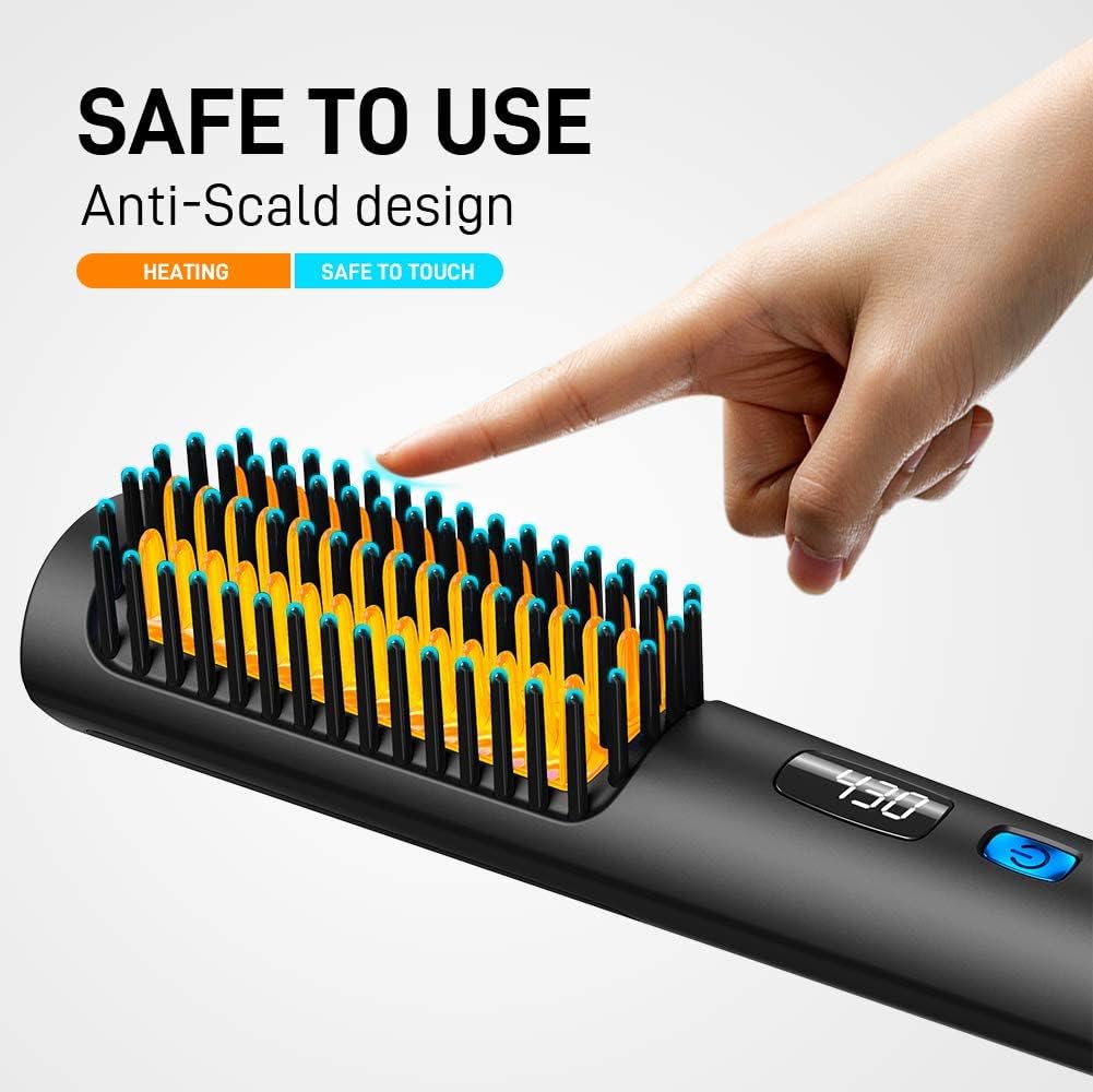 Hair Straightener Brush, AmoVee Ionic Hair Straightener Comb,15s Fast Heating up, 5 Adjustable Temp 285℉-430℉, Auto Temp Lock Straightening Brush for Home Salon, Dual Voltage, Blue