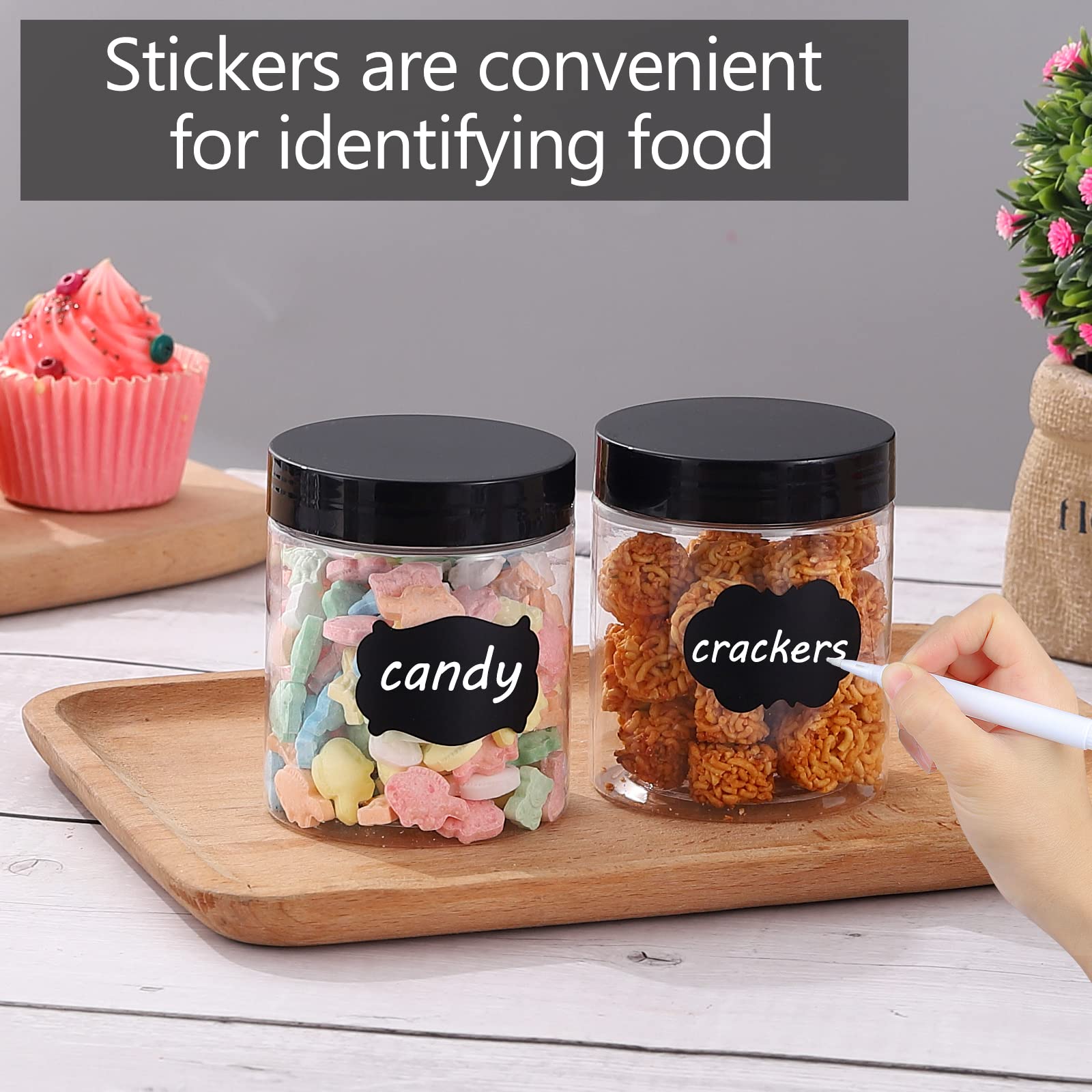 8OZ 32PCS Plastic Jars with Lids Empty Slime Cosmetics Containers Clear Gift Round PET Cream Jars with Black Lids Pen Labels for Kitchen Storage Spices Dry Food Body Butter Slime Making