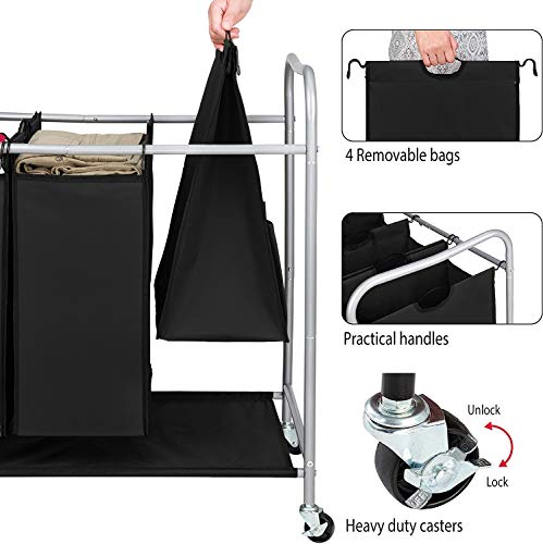 JINAMART 3 Section Laundry Sorter with Ironing board, Rolling Laundry Hamper cart, Removable Bag Sorter Basket with 4 side pockets, Laundry Organization Bins for Bedroom & Bathroom (Black)