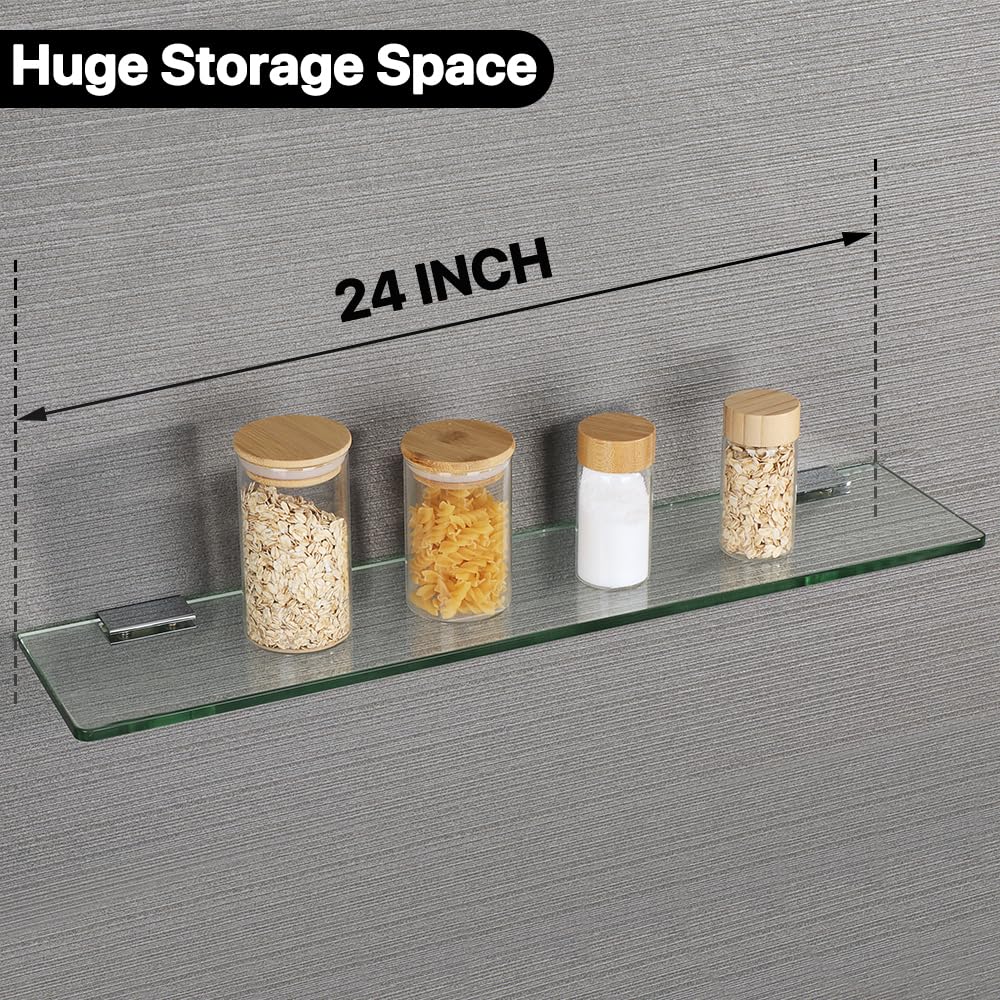 SAYAYO Glass Shelf for Bathroom, 1/3 Inch Thicken Tempered Floating Glass Shelves 24 Inch with Stainless Steel Brackets, 1 Pack, Clear