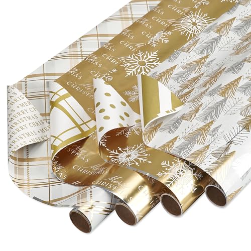 American Greetings 80 sq. ft. Gold Wrapping Paper Bundle (Snowflakes) for Christmas, New Years, and All Holidays (4 Rolls 30 in. x 8 ft.)