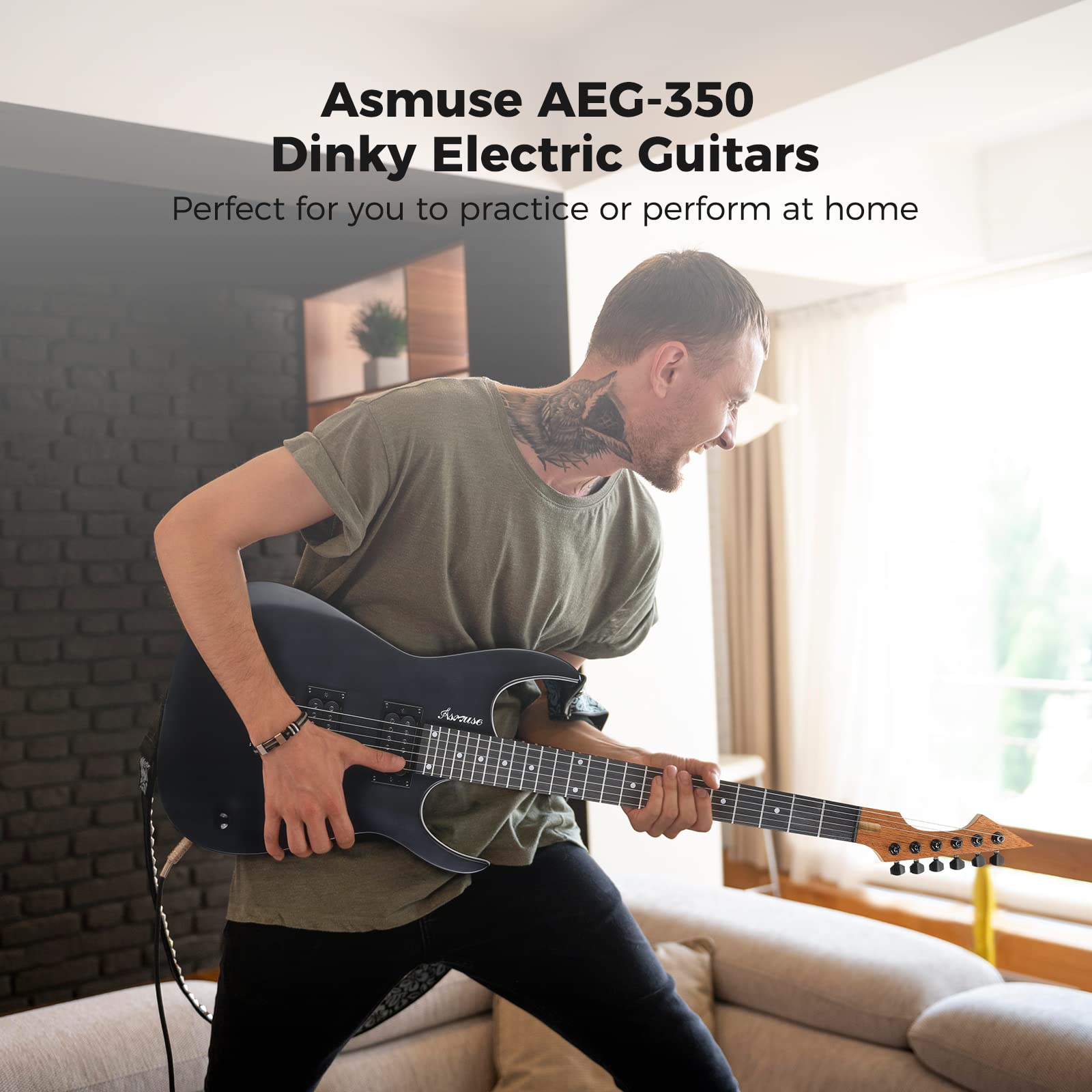 39 Inch Full Size Electric Guitar, Asmuse Solid Body Dinky Electric Guitar, HH Pickups 6 Strings Electric Guitar for Beginner Starter Black
