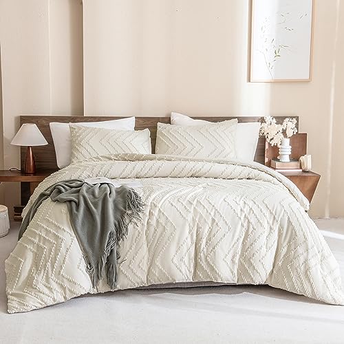 Andency Beige Queen Comforter Set, 3 Pieces Boho Chevron Bedding Comforter Sets (1 Tufted Comforter & 2 Pillowcases), Summer Lightweight Fluffy Shabby Chic Microfiber Down Alternative Bed Set
