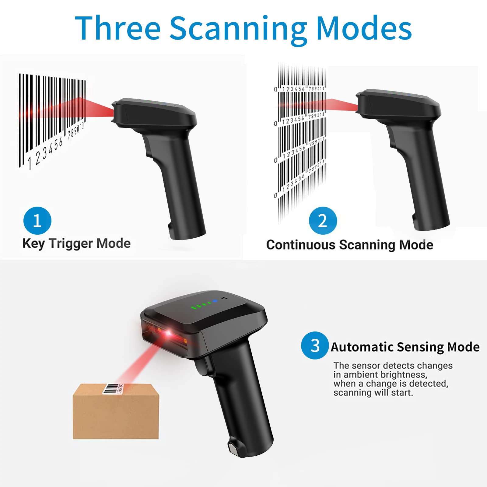 Alacrity Bluetooth Barcode Scanner Wireless 1D Laser Barcode Reader with Battery Level Indicator, 3 in 1 Bluetooth & 2.4GHz Wireless & USB Wired Bar Code Scanner