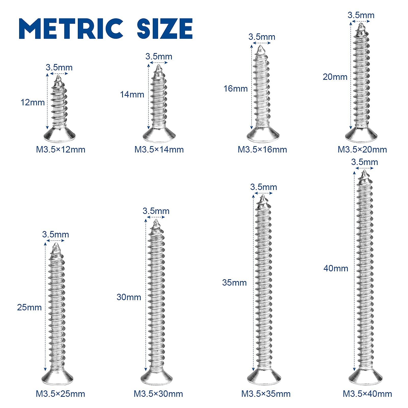 NINDEJIN Flat Head Self Tapping Screws Assortment Kit, 304 Stainless Steel Wood Screws, M3.5 Phillips Drive Self Tapping Screws, 240 pcs Self-Tapping Screws Set with 2 pcs Phillips Screw Bit (12-40mm)