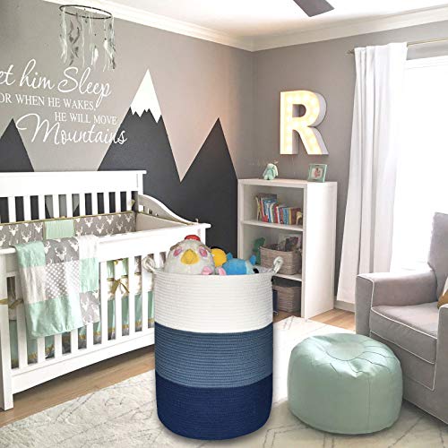 COMSE Extra Large Blanket Basket, High Storage Basket, Tall Rope Laundry Basket, 15.7βx 21.7β, Cotton Rope Basket, XXXL Laundry Basket, Toy Basket, Clothes Baskets,White/Cadet Blue/Navy Blue